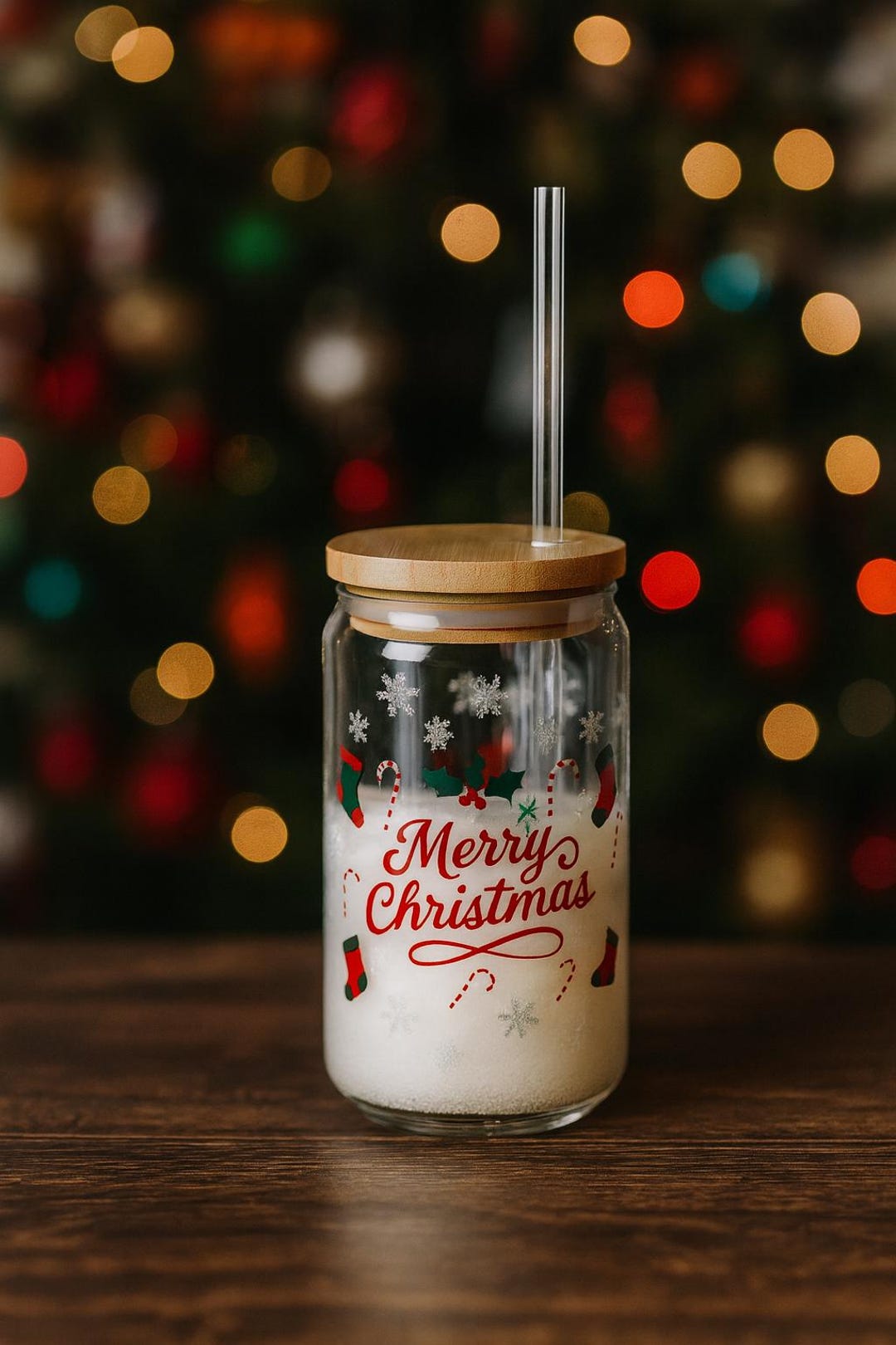 Merry Christmas Sipper Glass, Holiday Drinkware, Cute Glass With Straw ...
