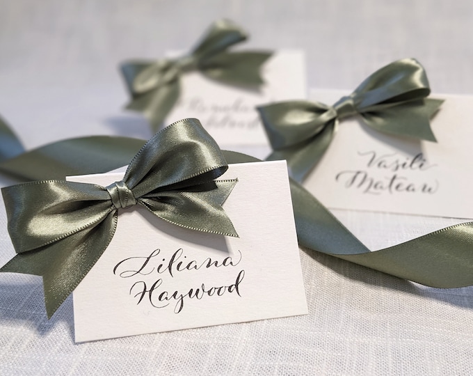 Satin Bow Place Cards Custom Calligraphy Ribbon Place Cards Bow Place ...