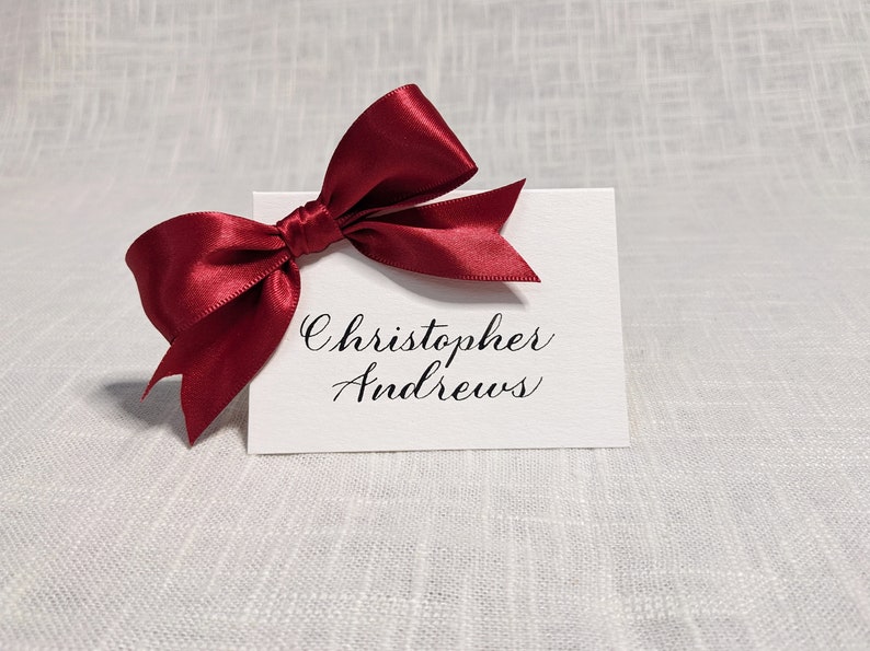 Satin Bow Place Cards | Custom Calligraphy Ribbon Place Cards | Bow ...
