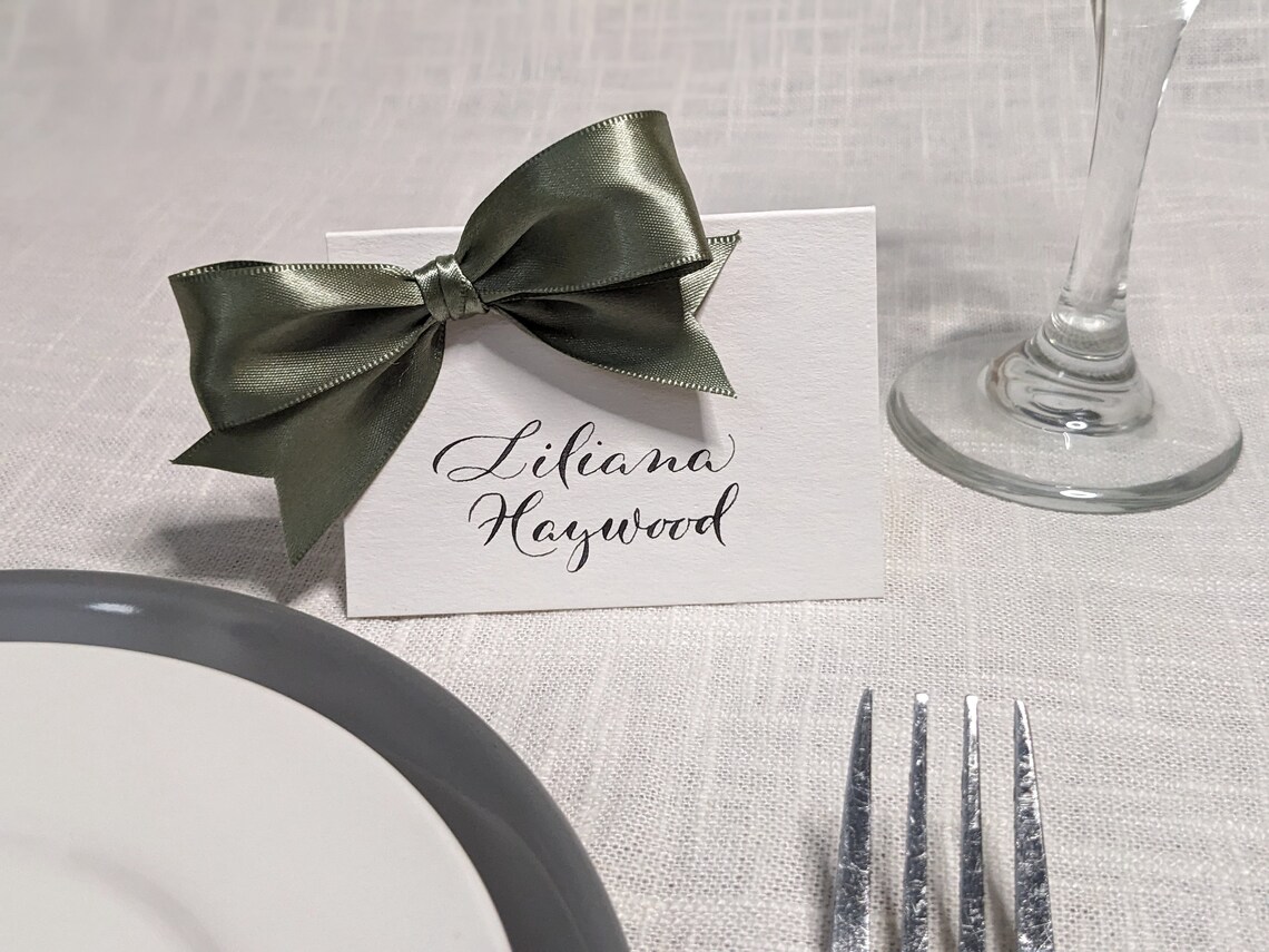 Satin Bow Place Cards | Custom Calligraphy Ribbon Place Cards | Bow ...