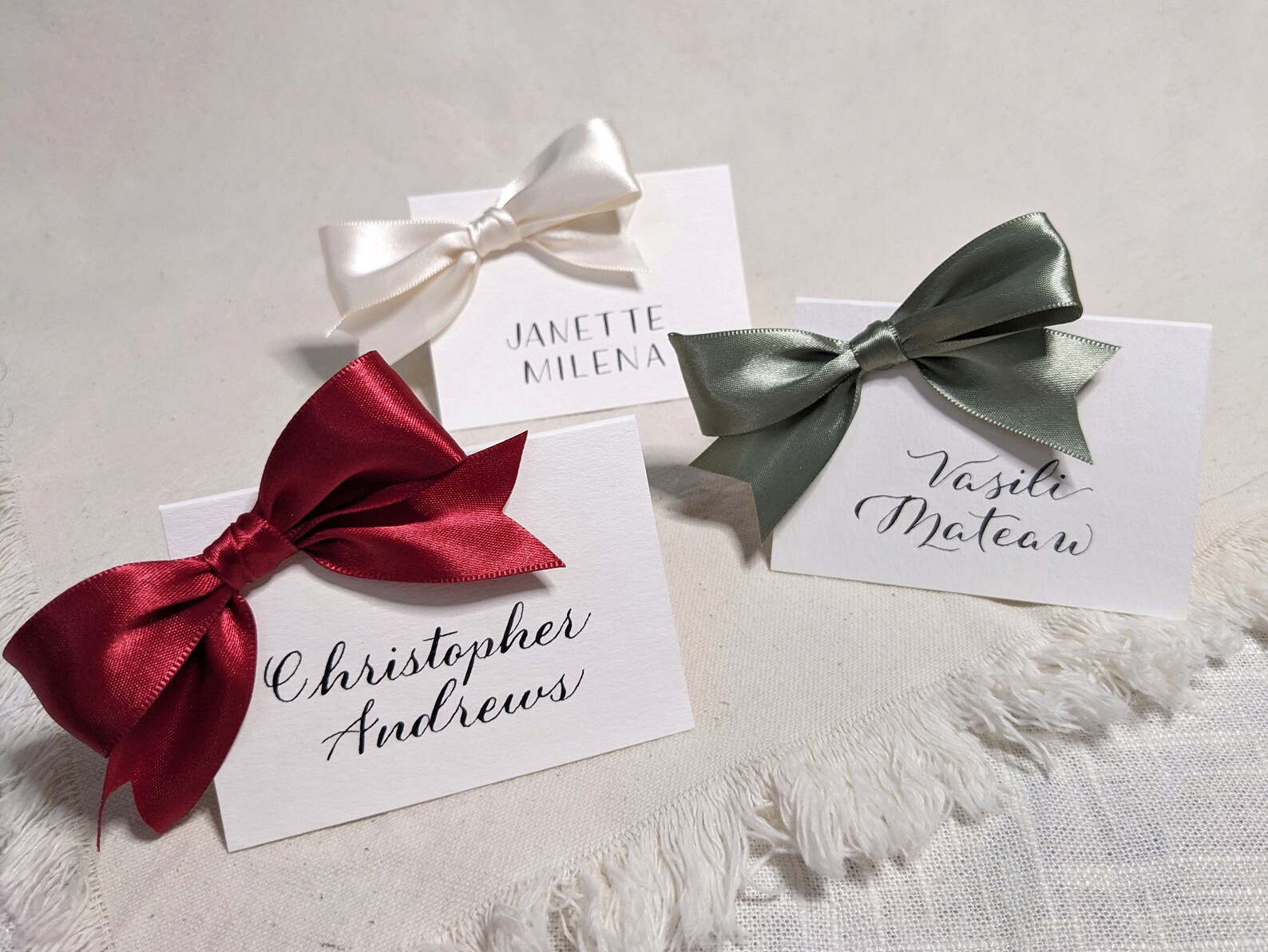 Satin Bow Place Cards | Custom Calligraphy Ribbon Place Cards | Bow ...