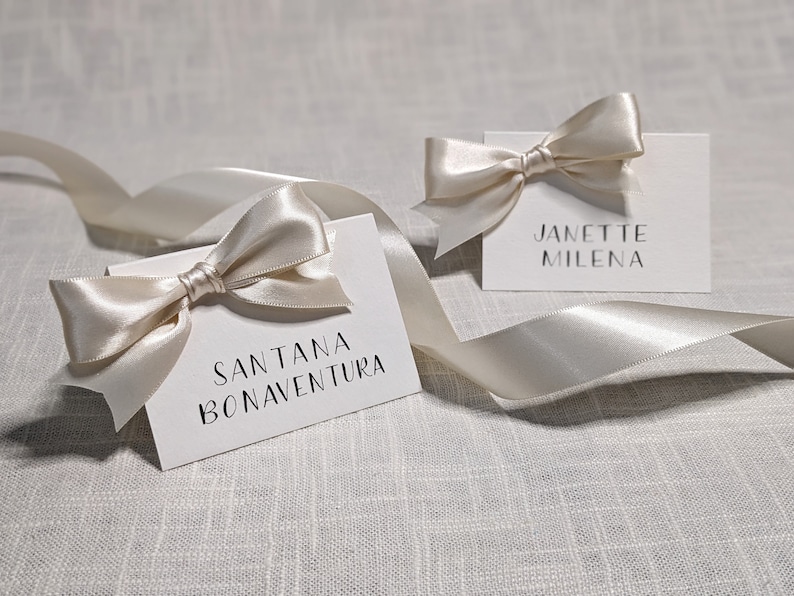 Satin Bow Place Cards | Custom Calligraphy Ribbon Place Cards | Bow ...