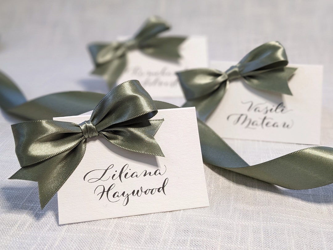 Satin Bow Place Cards | Custom Calligraphy Ribbon Place Cards | Bow ...