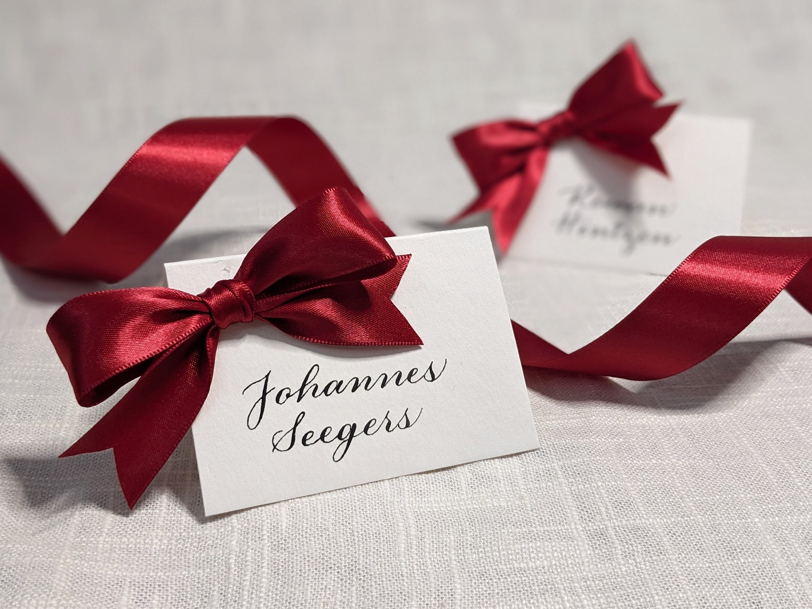 Satin Bow Place Cards | Custom Calligraphy Ribbon Place Cards | Bow ...
