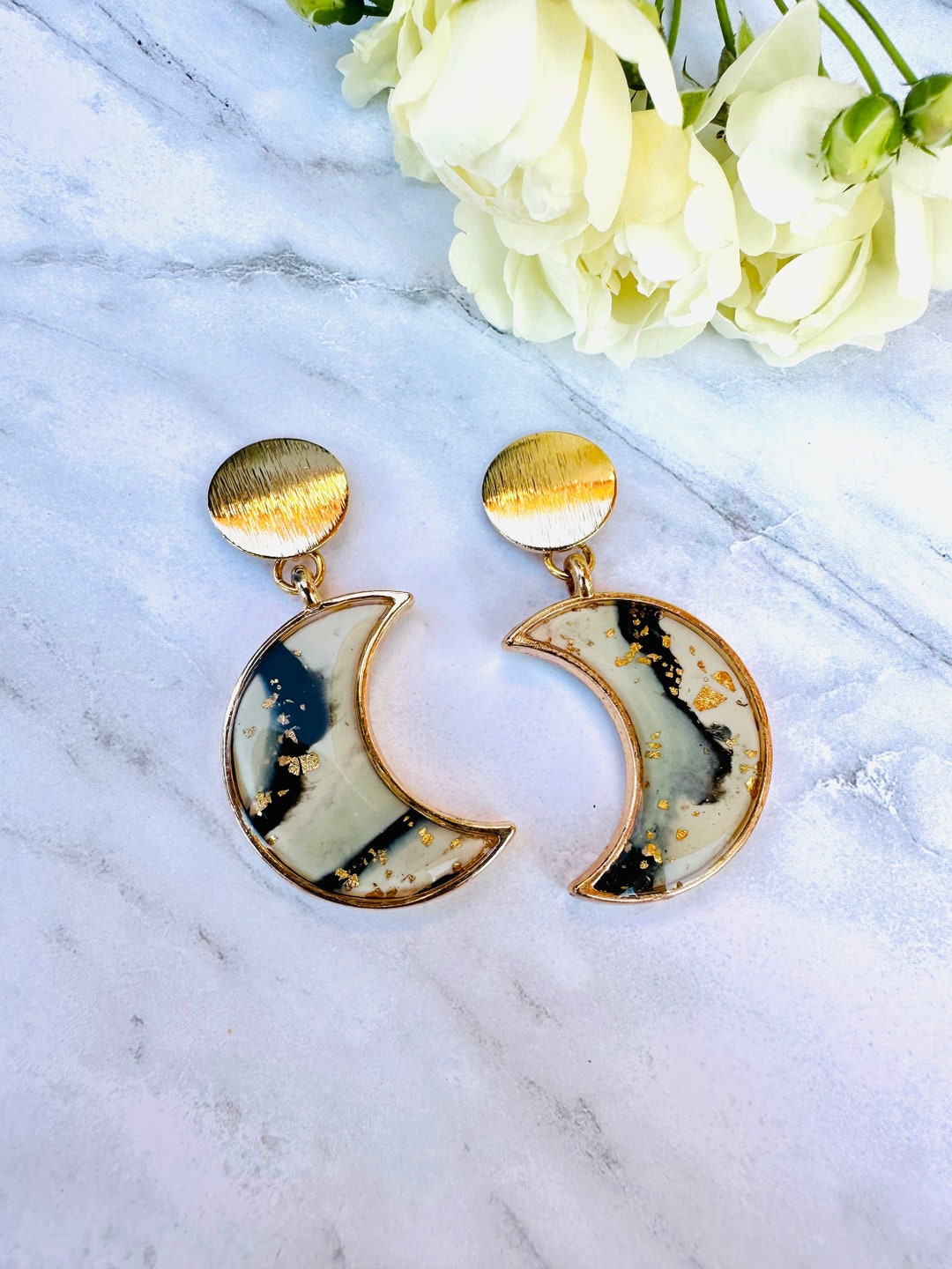 Handmade Marble Black and White Polymer Clay Earrings, Marble Earrings ...