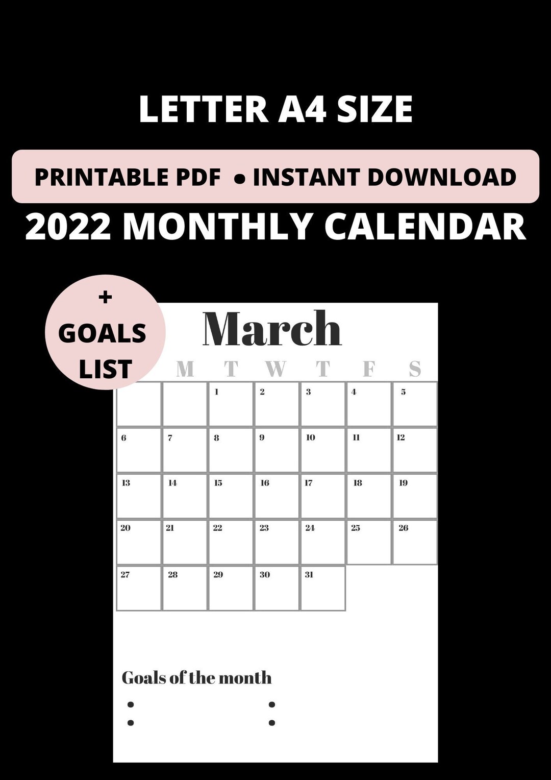 Minimalist Calendar Printable 2022 With Monthly Goals | Black and White ...