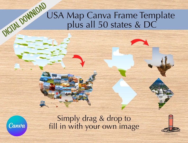 USA Map Canva Frame Template Bundle, 50 American States DC Photo Map ...