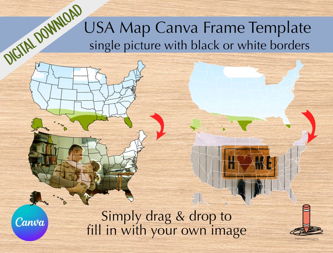 USA Map Canva Frame Template Bundle, 50 amerikanische Bundesstaaten ...