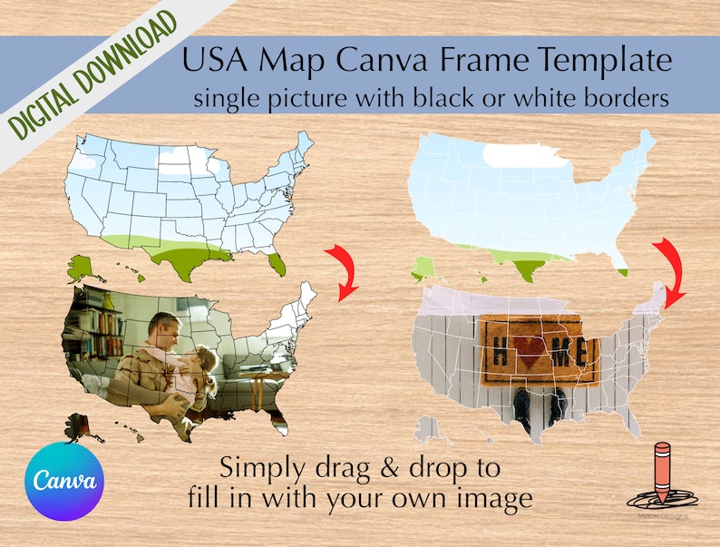 USA Map Canva Frame Template Bundle, 50 American States DC Photo Map ...