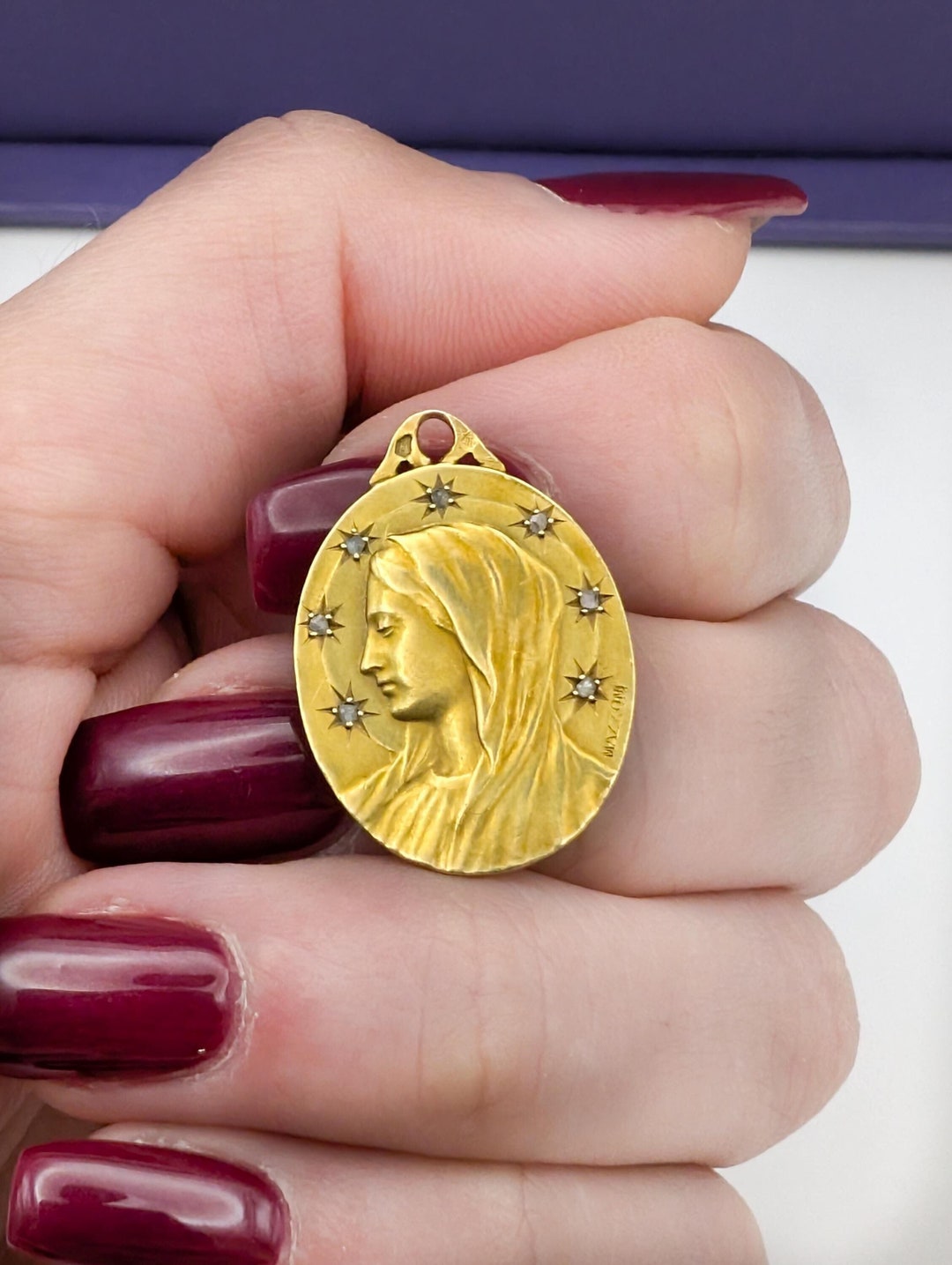 Antique 18K Solid Gold Medal of Madonna Virgin Mary Diamond Pendant ...