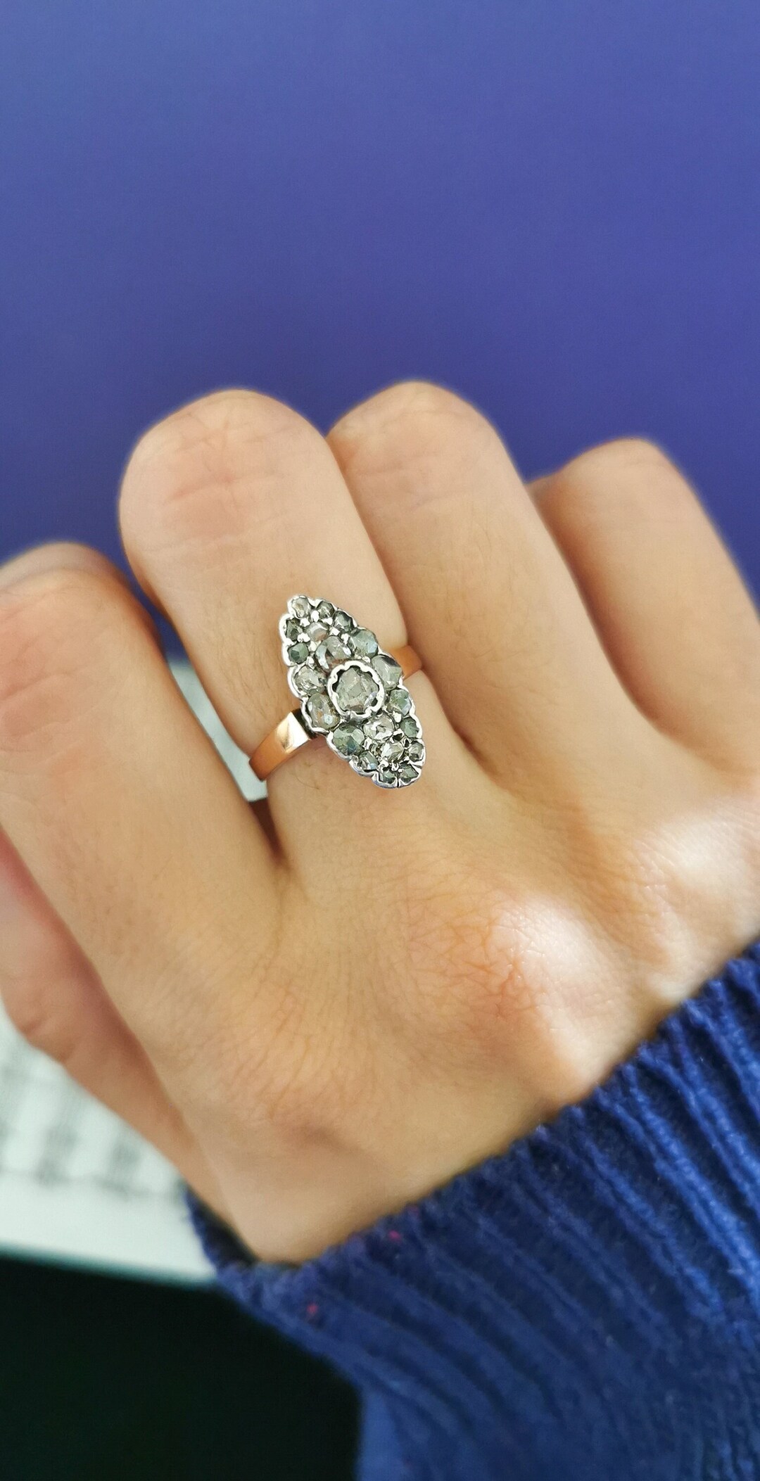 Edwardian 18k Two Tons Gold and Diamond Marquise Ring Antique Diamond ...