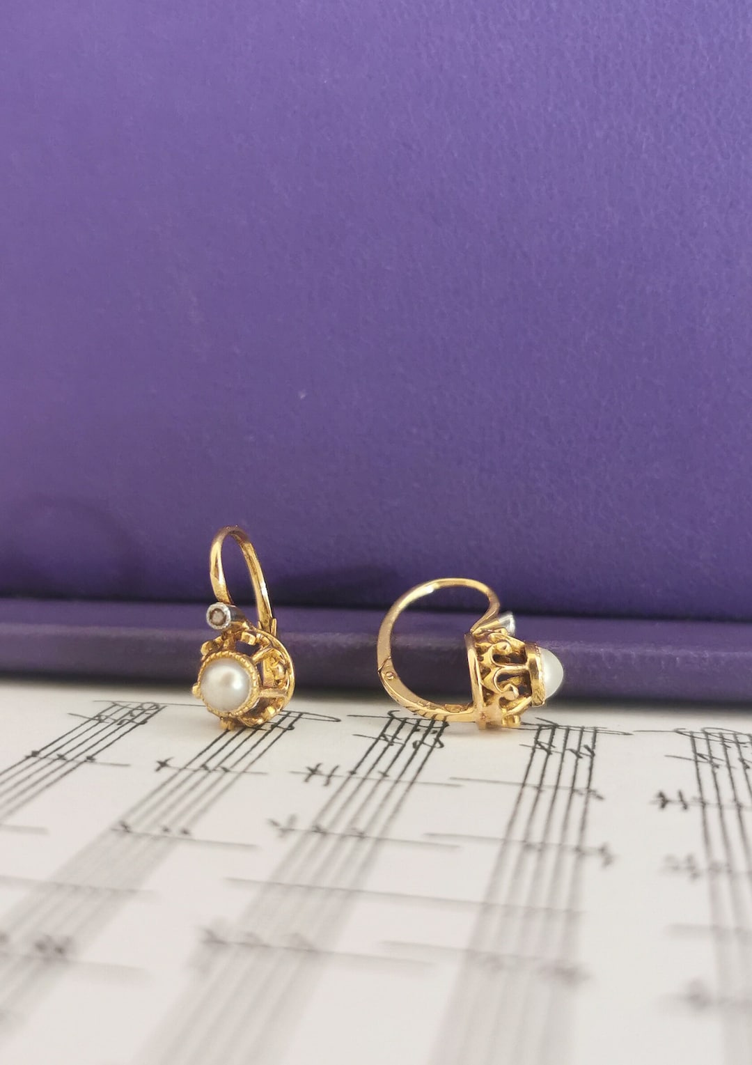 18K 1890 antieke oorbellen 18ct Franse slaapzaal gouden Victoriaanse parel slaper met parel en ...