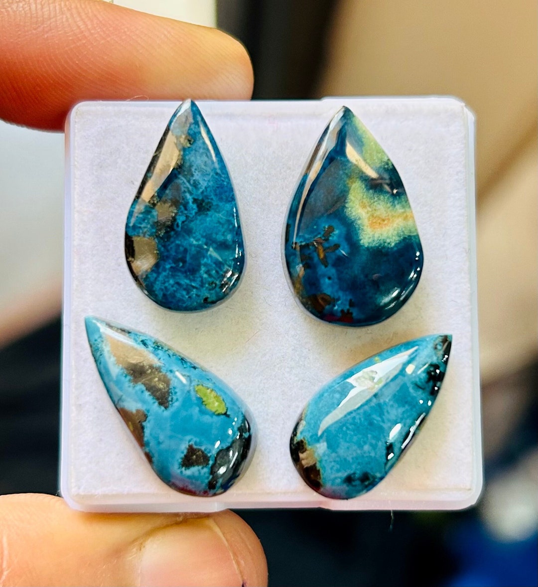 4 Pcs Azurite Gemstone Lot, 100% Natural Azurite Cabochon, Pear Shape ...