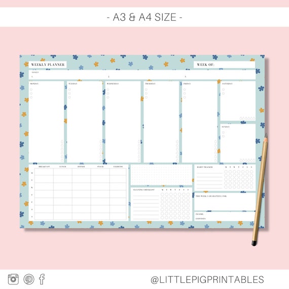Ultimate Weekly Planner Printable Blue Floral Desk Pad Style - Etsy
