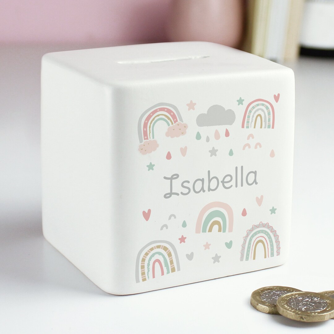 Personalised Rainbow Ceramic Square Money Box keep Those Pennies Safe ...