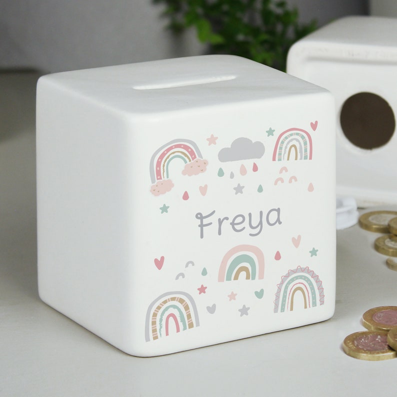 Personalised Rainbow Ceramic Square Money Box keep - Etsy