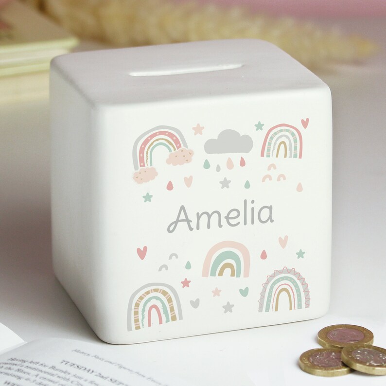 Personalised Rainbow Ceramic Square Money Box keep - Etsy