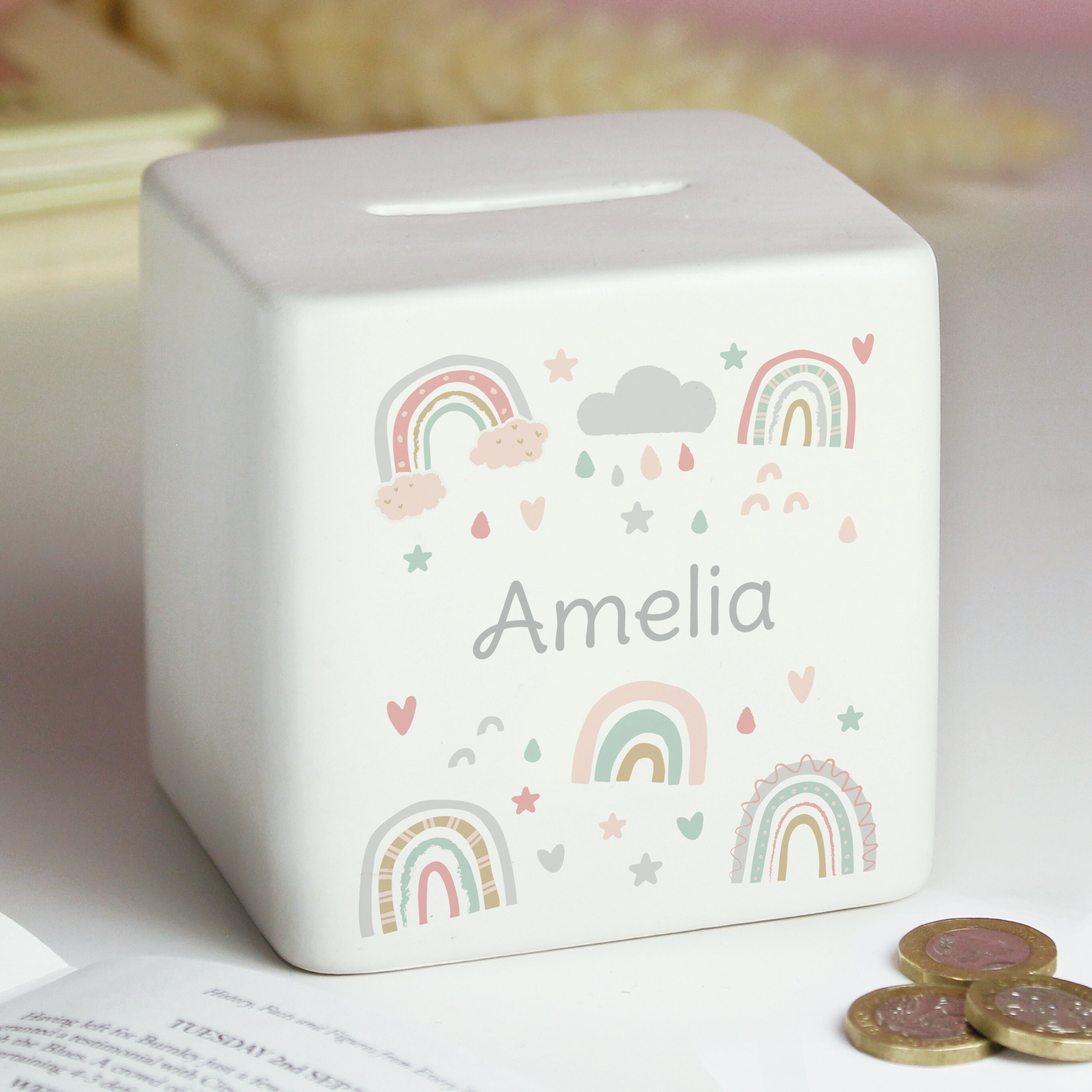 Personalised Rainbow Ceramic Square Money Box keep Those Pennies Safe ...