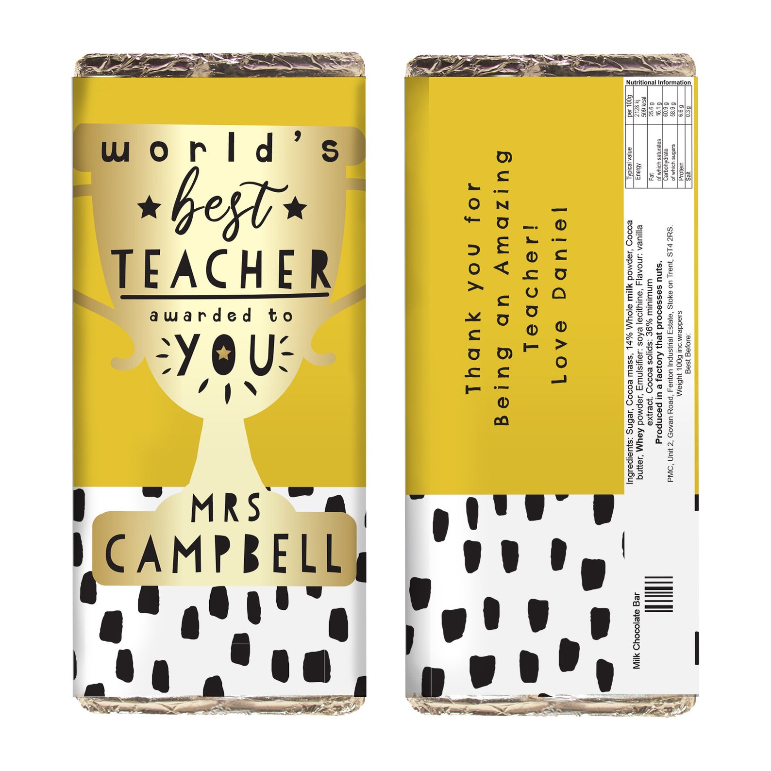 Personalised Worlds Best Teacher Trophy Milk Chocolate Bar This ...
