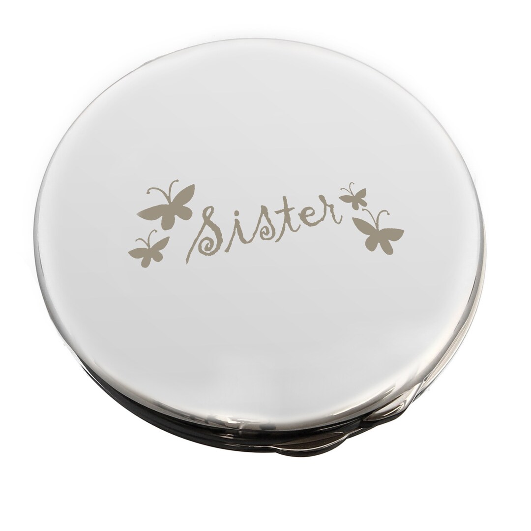 Sister Butterfly Design Round Compact Mirror This Silver Finish Round ...