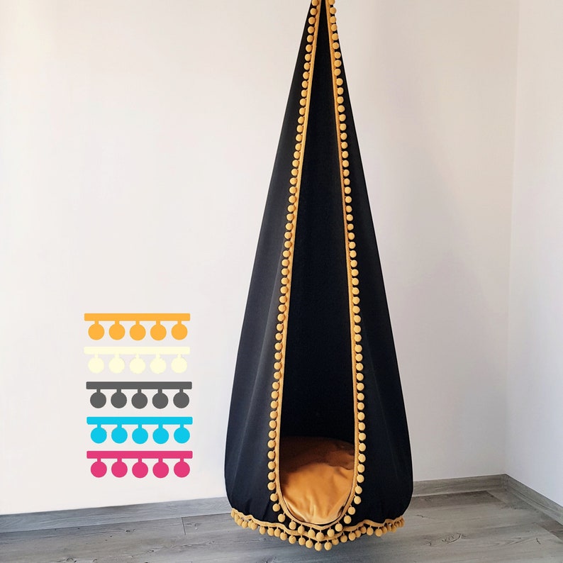 Black Hanging Swing Chair With Coloured Pompoms, Bohemian Hammock for ...
