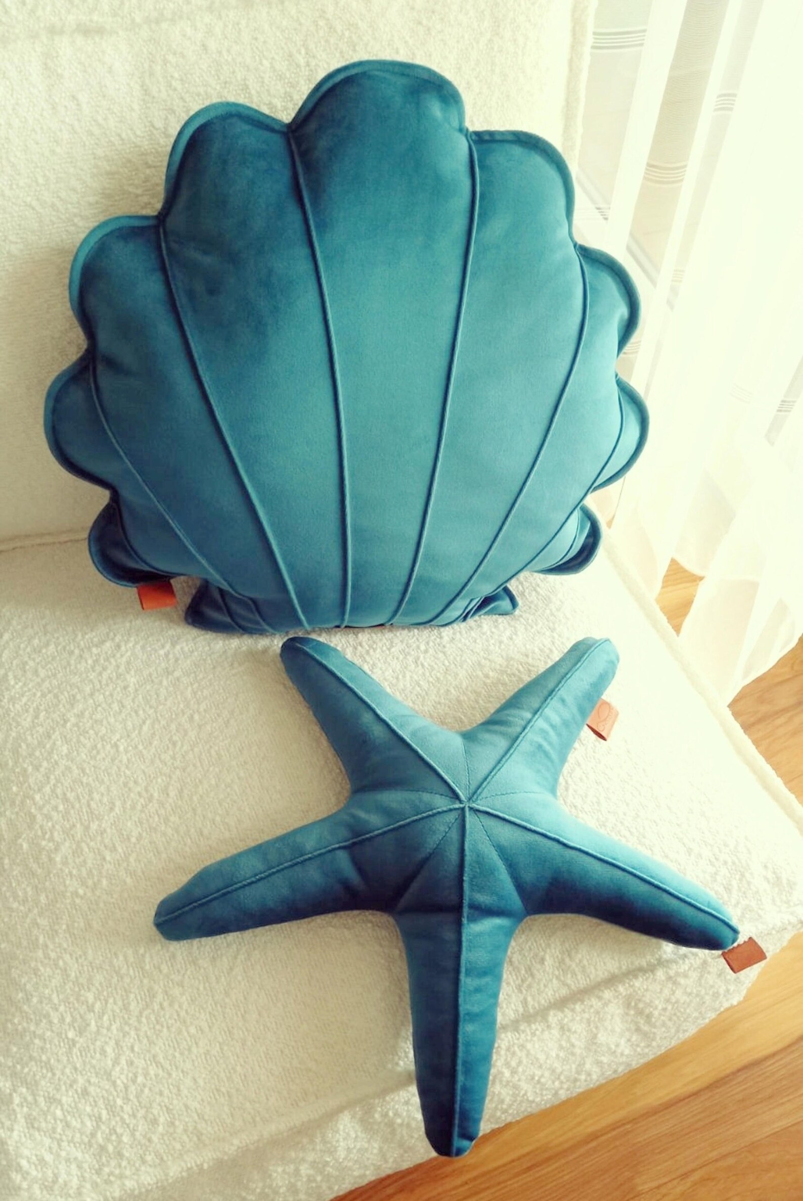 Turquoise Velour Starfish and Seashell Cushions, Beach Home Decor Set ...