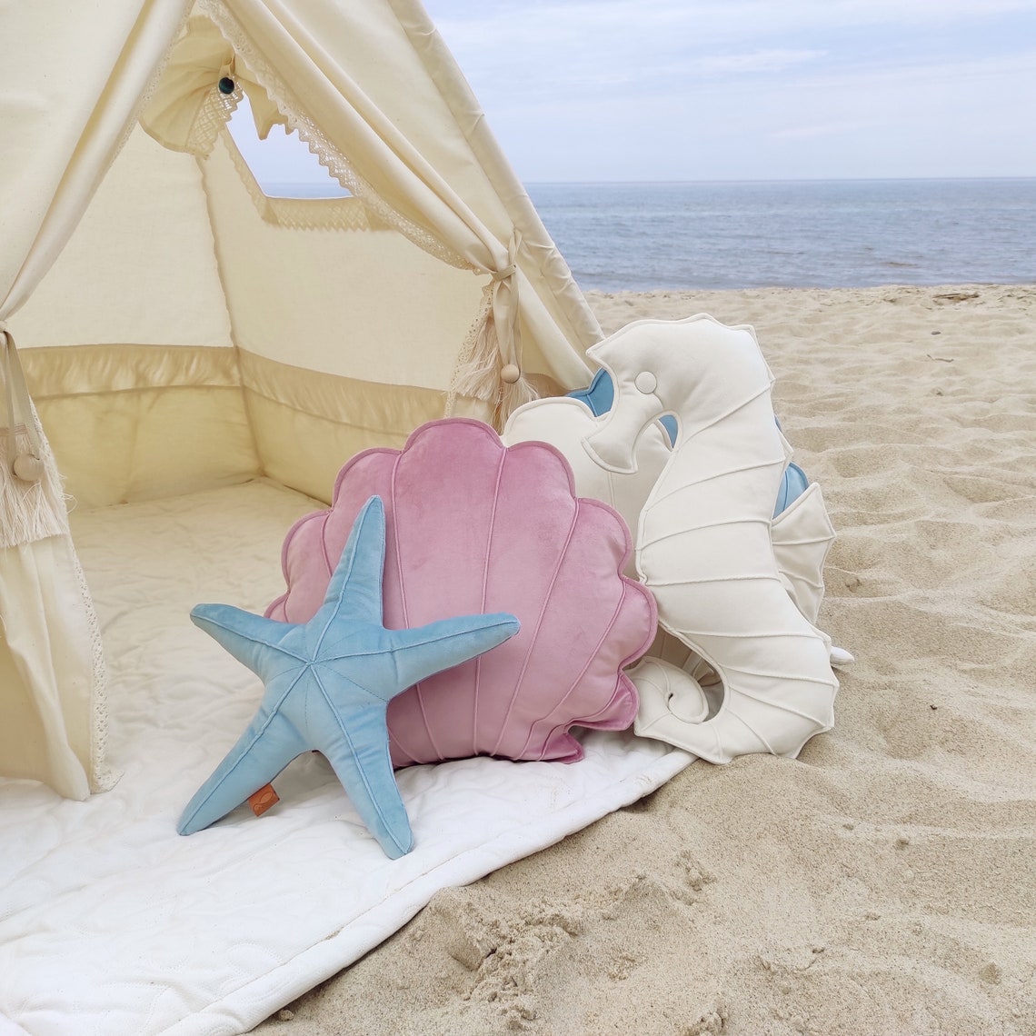 Pillow Set Blue Shell Cushion Starfish Decoration Beach - Etsy
