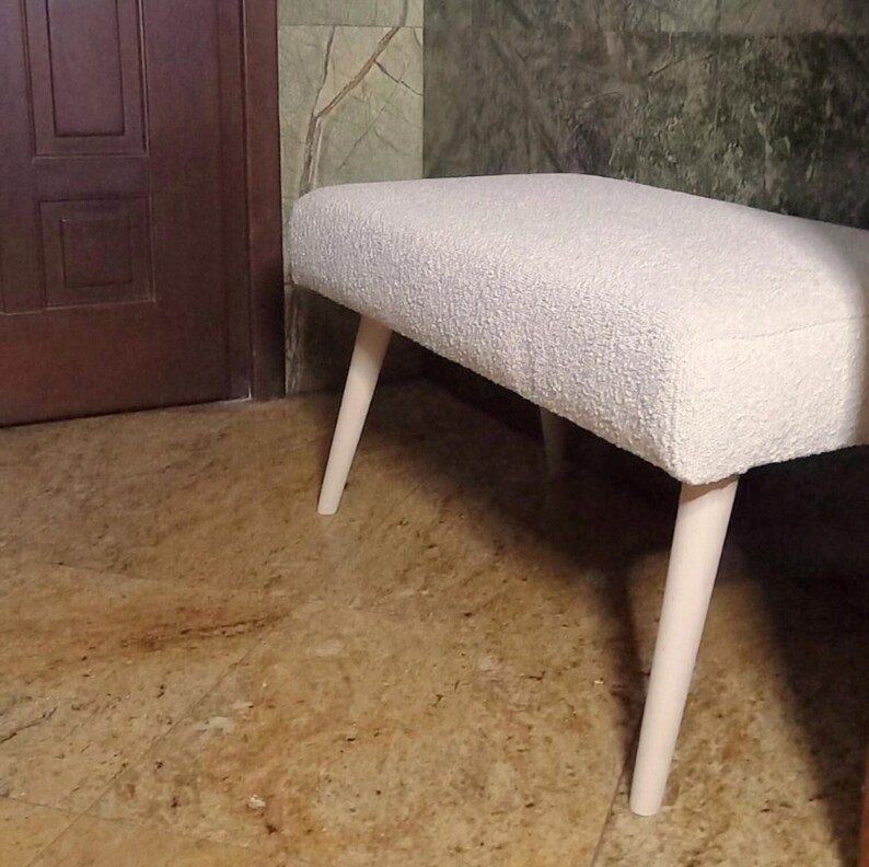 Boucle Bench With Wooden Legs for Entryway and Bedroom Footstool in the ...