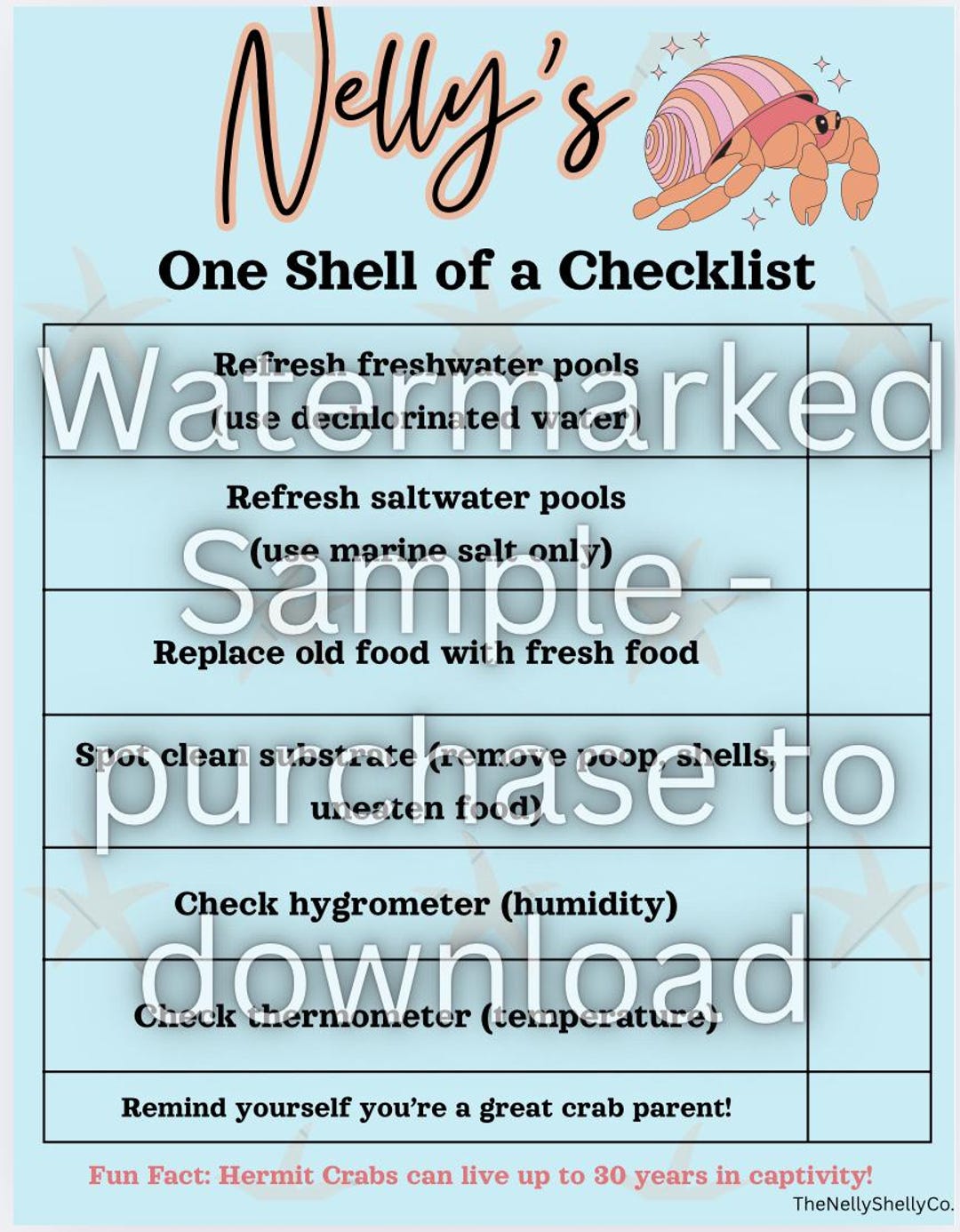 Nelly’s One Shell of a Checklist – Daily Hermit Crab Care Sheet ...