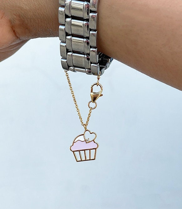 14K Diamond Cupcake Watch Charm, Enameled Watch Charm, Charm for ...
