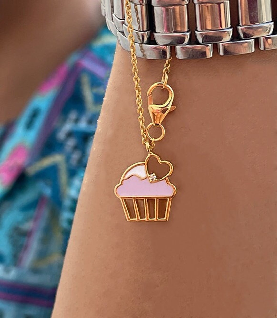 14K Diamond Cupcake Watch Charm, Enameled Watch Charm, Charm for ...
