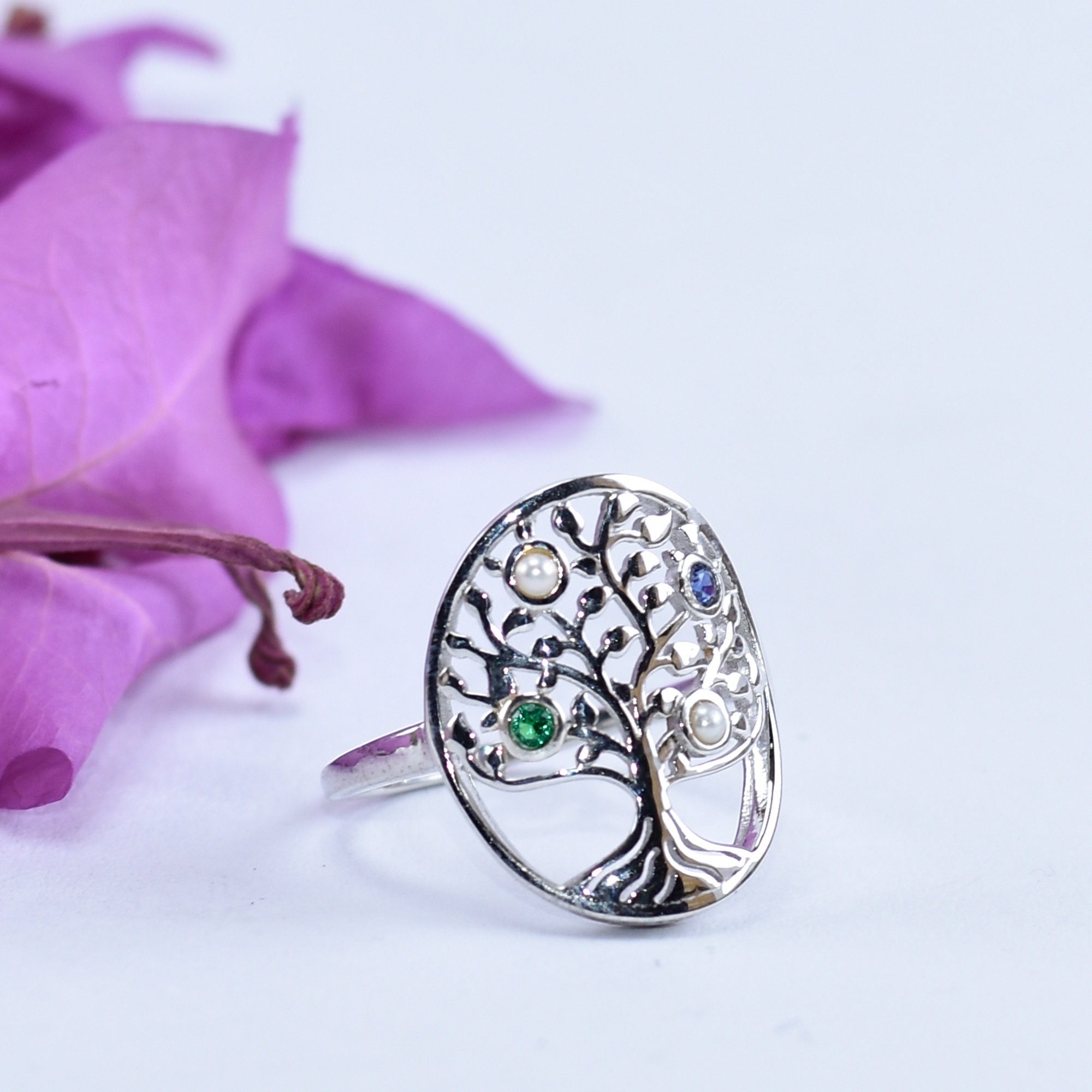 14KT Family Tree Birthstone Ring, Personalized Ring for Four Family ...