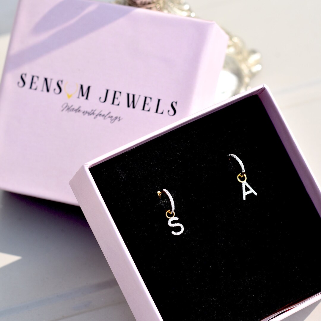 14K Diamond Initial Hoops, Alphabet Dangler Earring, Letter Earrings ...