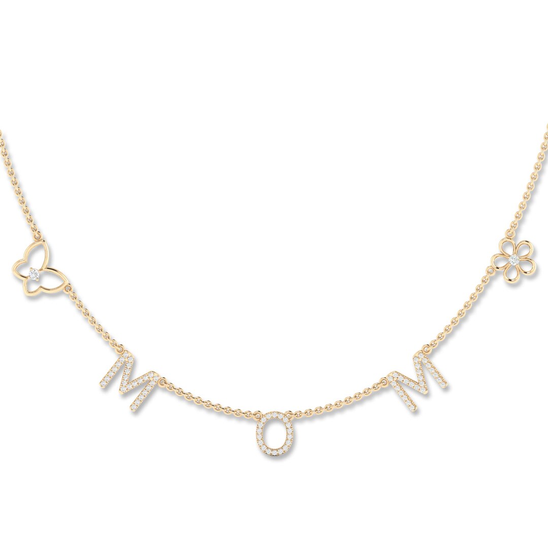 14KT Diamond Mom Necklace 14K Mom Letter Charm Necklace - Etsy
