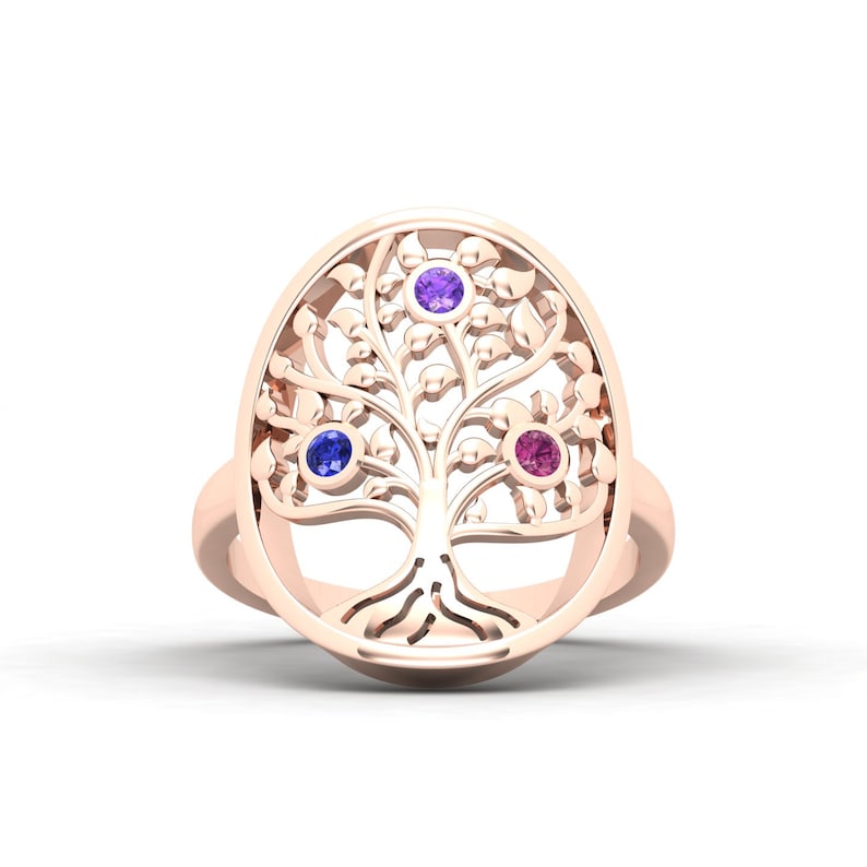 14KT Family Tree Birthstone Ring, Mother's Ring With Birthstones ...
