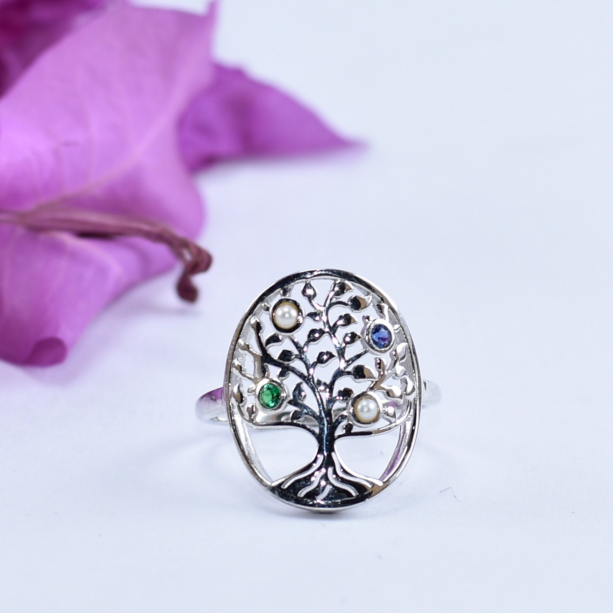 14KT Family Tree Birthstone Ring, Personalized Ring for Four Family ...