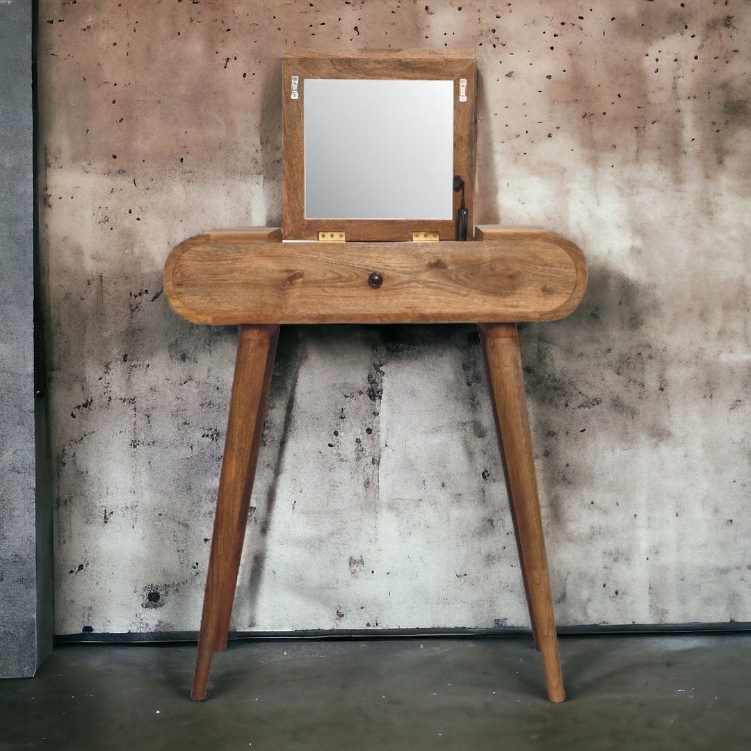 Small Wooden Vanity Table Dressing Table With Fordable Mirror and ...