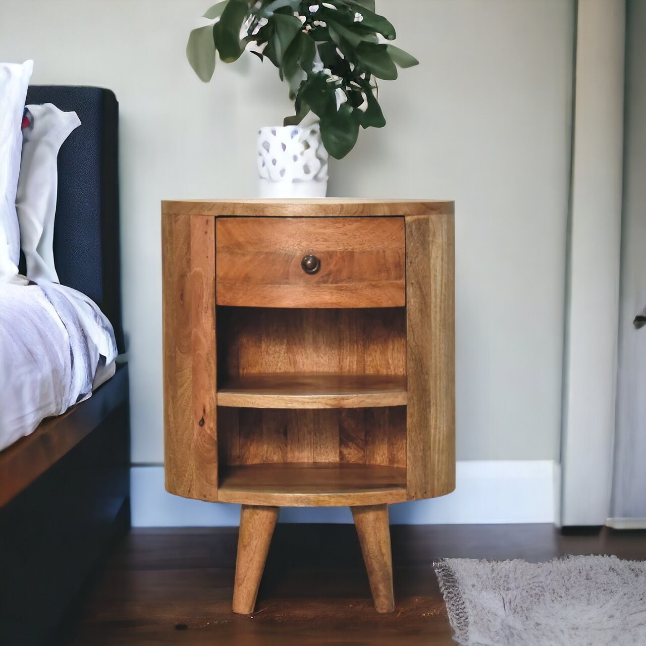 Bedside Table With Drawer and Shelves Round Nightstand Wood Modern ...