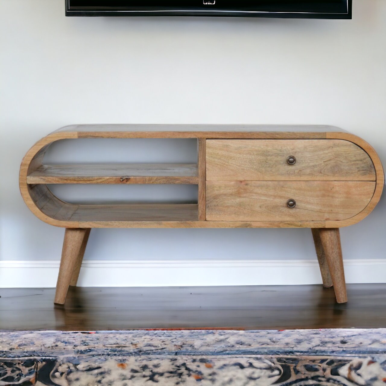 Small TV Stand Console Table With Drawers and Shelves Solid Wood Round ...