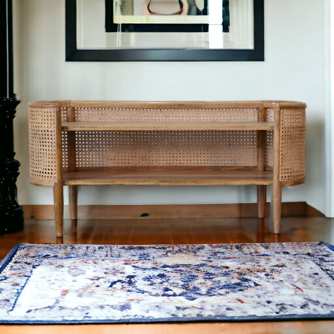 Shoe Storage Bench With Back Solid Wood and Rattan Curved Shelving Unit ...