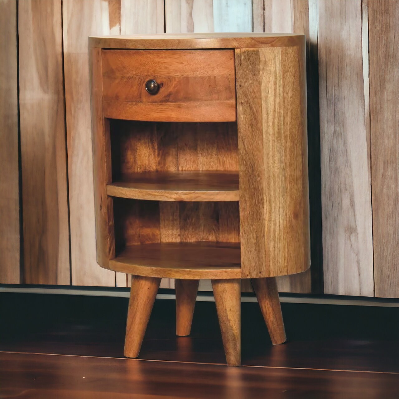 Bedside Table With Drawer and Shelves Round Nightstand Wood Modern ...