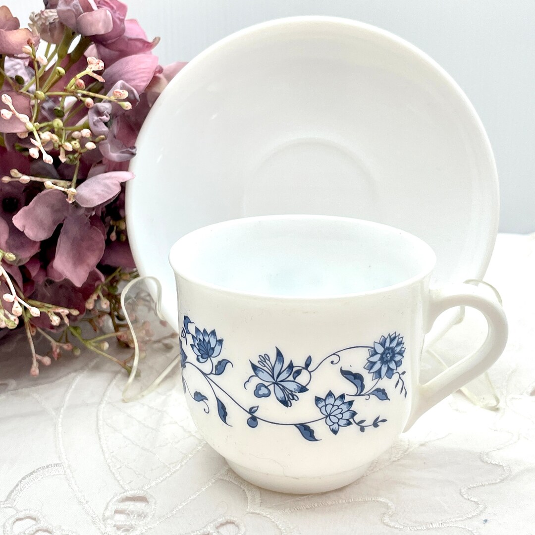 Arcopal France Milk Glass Tea Cup and Saucer Blue and White. - Etsy