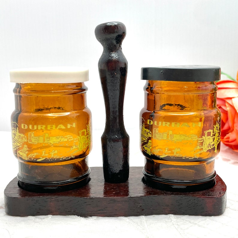 Vintage Amber Durbin City Souvenir Glass Salt and Pepper Set on Stand ...
