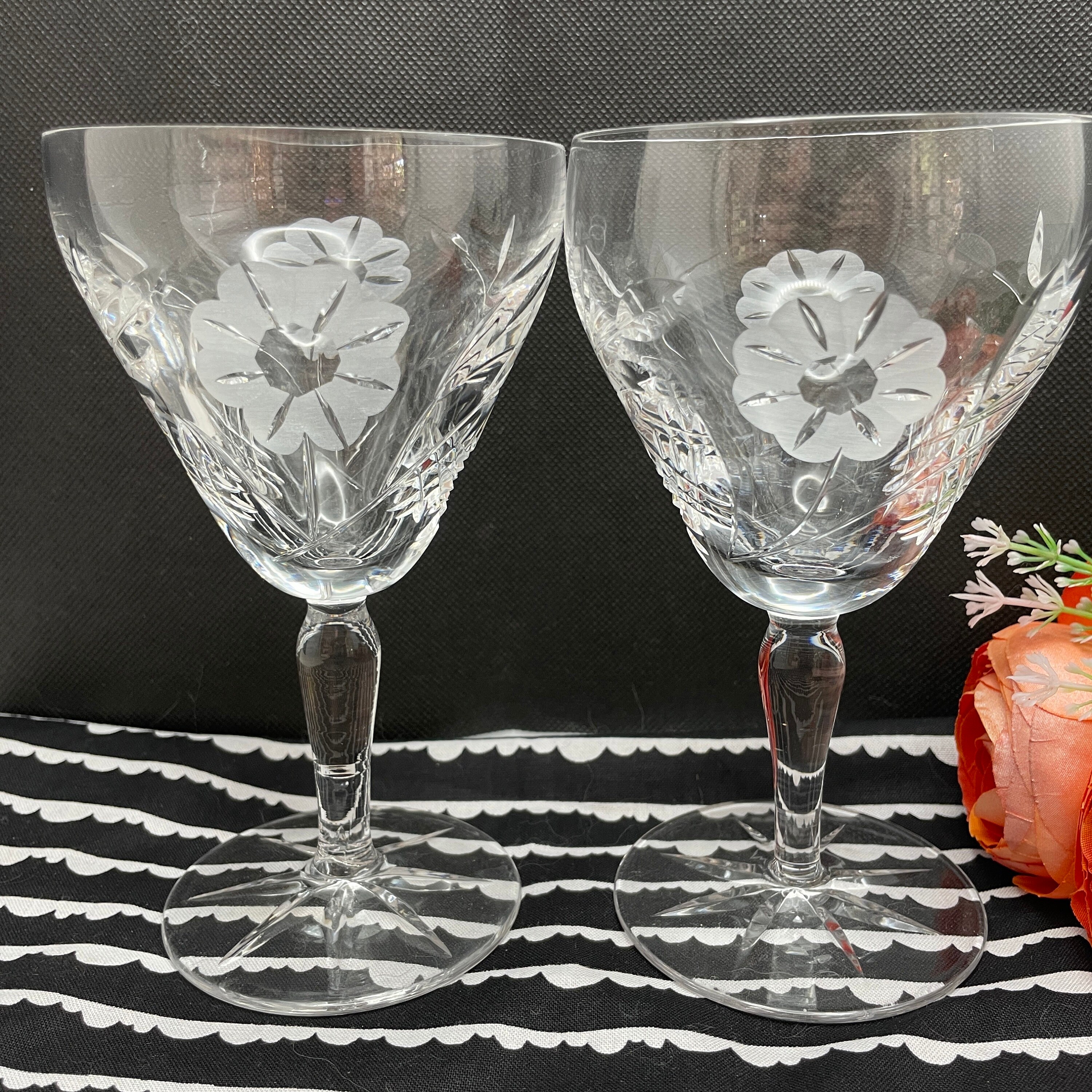 Set of 2 Etched Cut Lead Crystal Stemmed Wine Cordial Glasses - Etsy ...