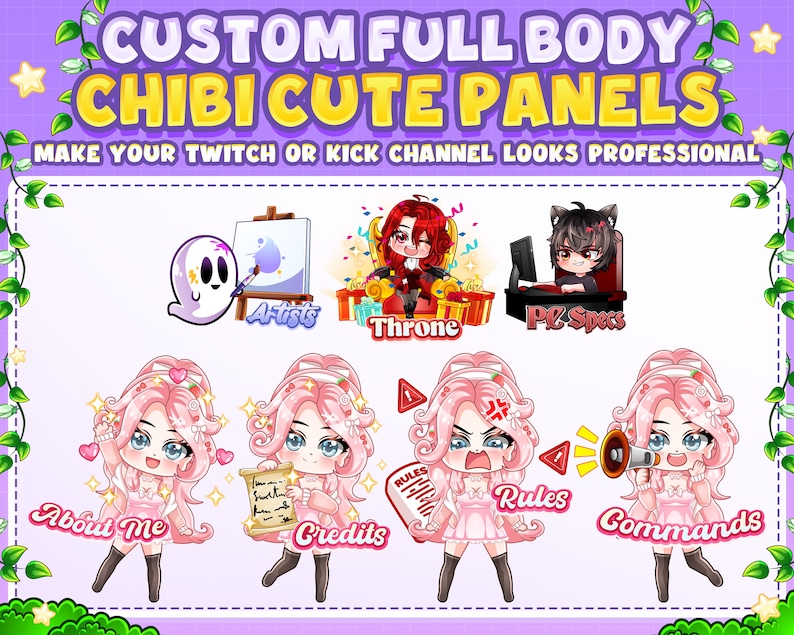 Custom Full Body Chibi Cute Panels or Button Information for Twitch ...