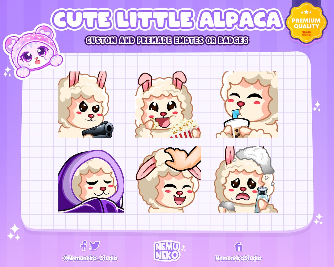 6x Cute Alpaca Emotes Gun Alpaca Emotes Popcorn Alpaca Emotes Sip Boba ...