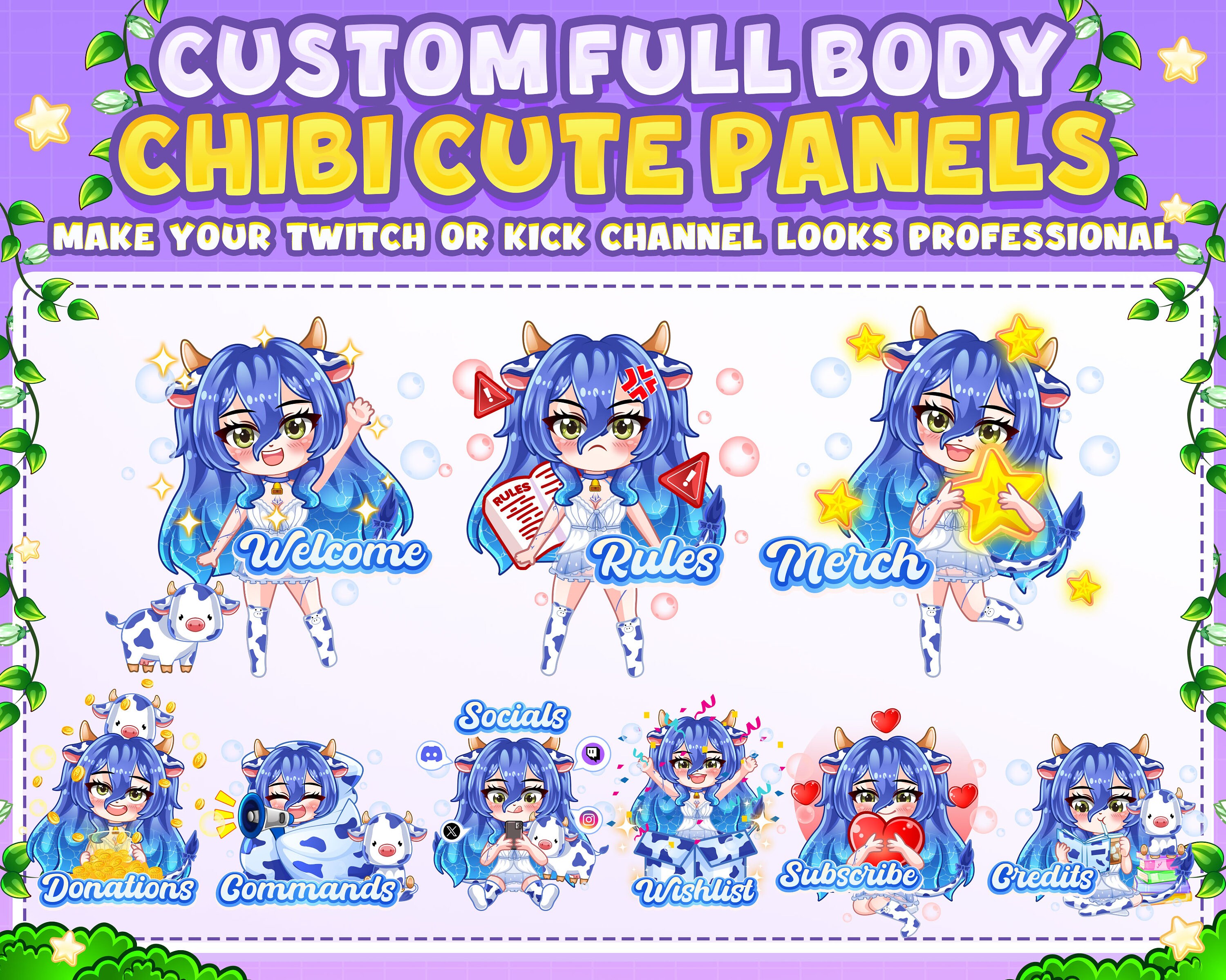 Custom Full Body Chibi Cute Panels or Button Information for Twitch ...