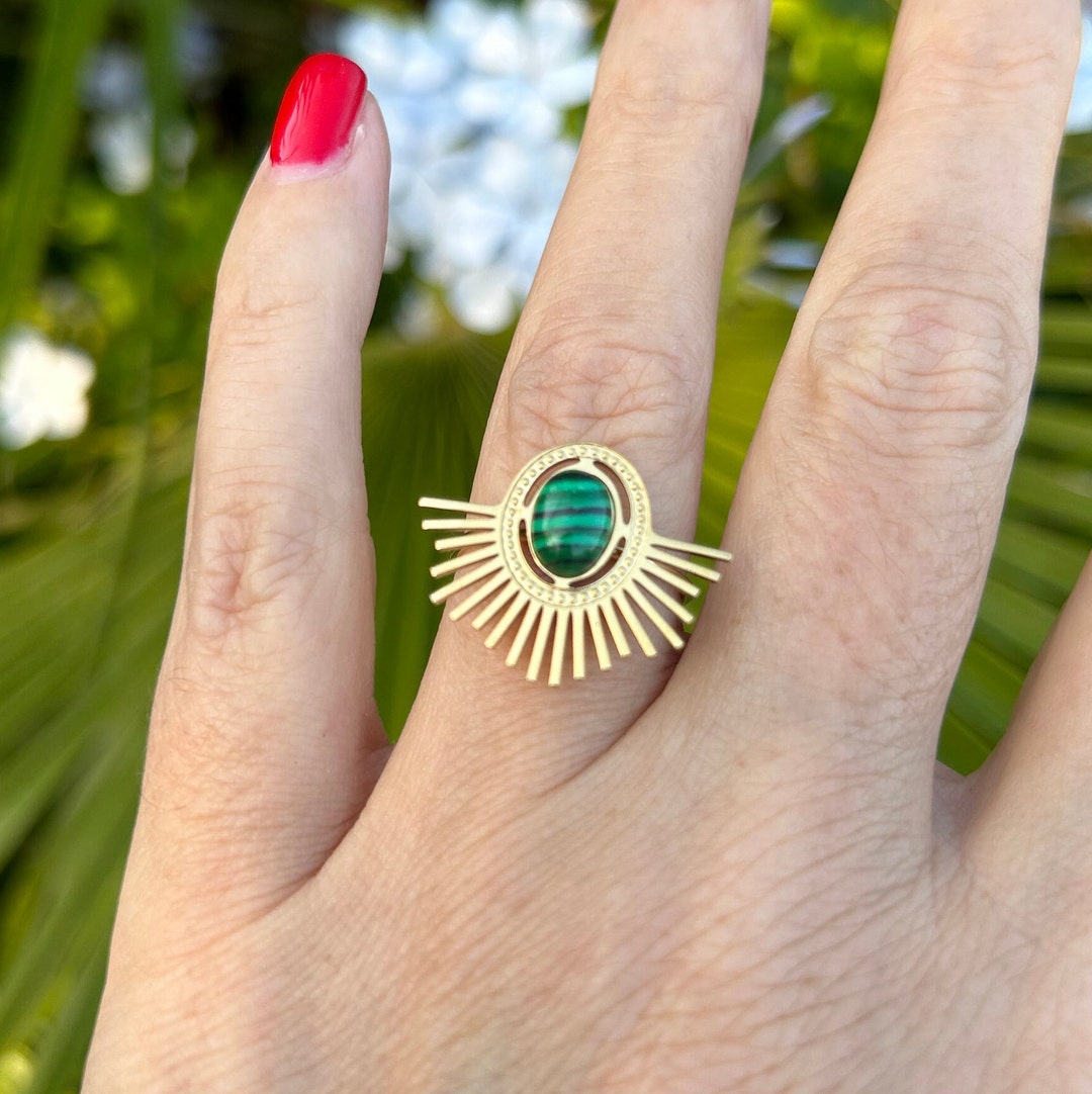Pretty Green and Gold Ring, Inca Sun, Ethnic, Adjustable, Malachite ...