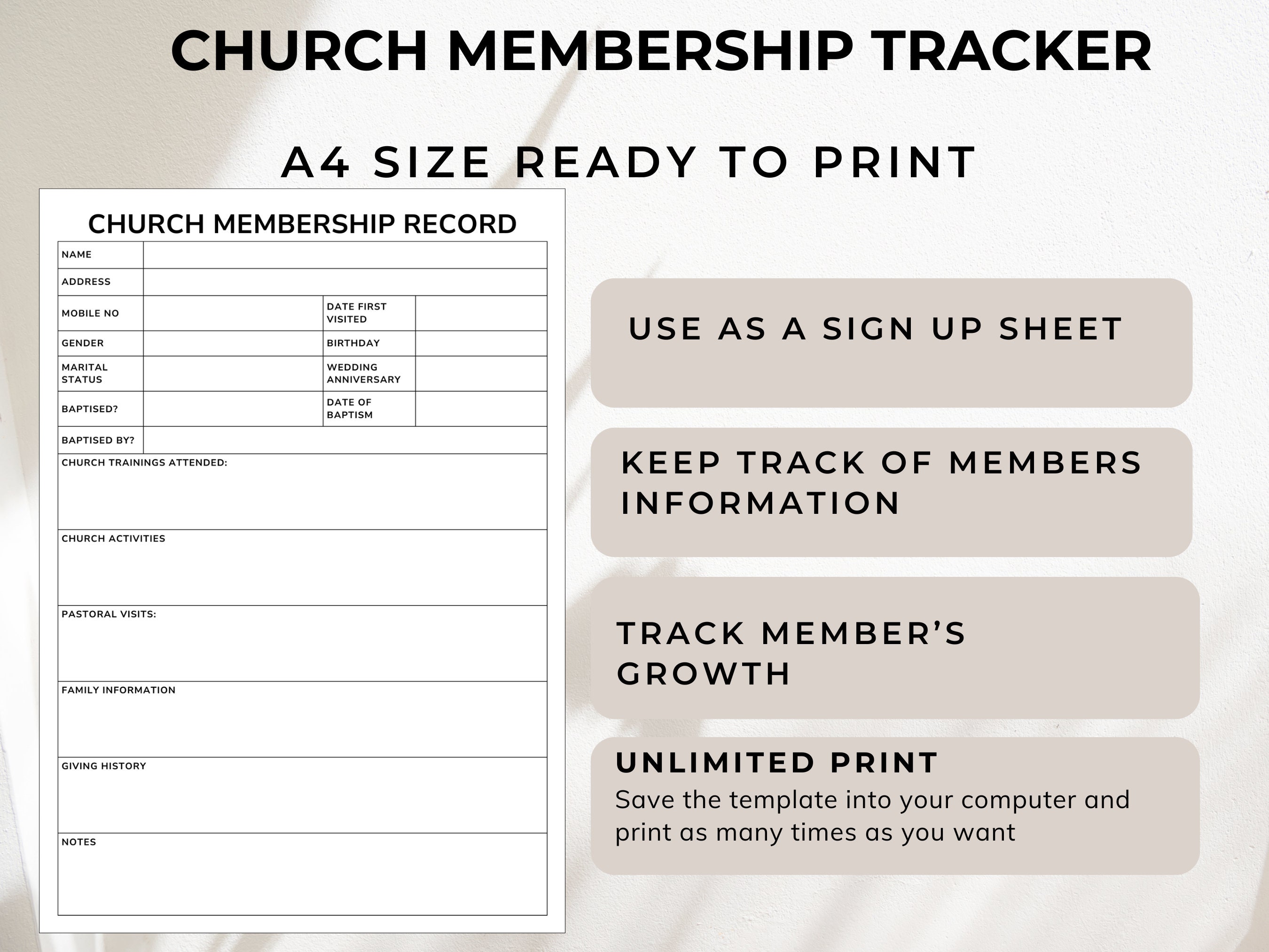 Church Membership Record Printable, Church Membership Tracker, Church ...