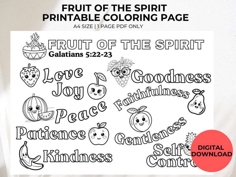 Fruit of the Spirit Coloring Page for Kids | A4 Size PDF & PNG ...
